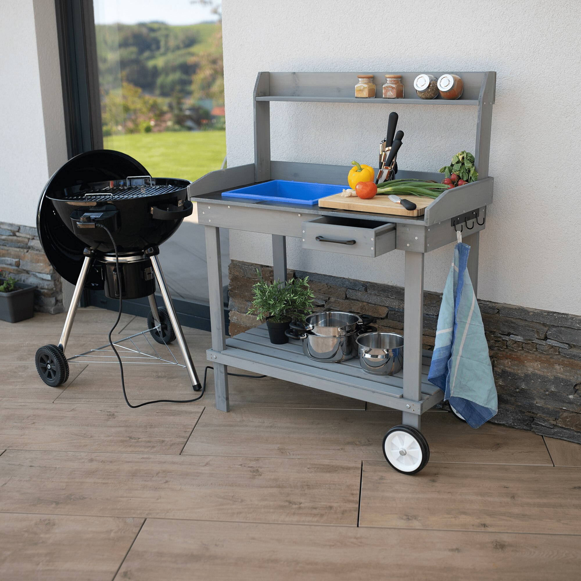 Masa de gradina, terasa, lemn, cu chiuveta, lemn, culoare gri, cu ...