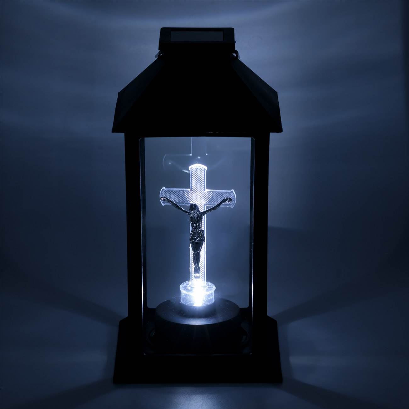 Felinar solar LED Shopiens® negru de plastic si cruce cu figura lui ...