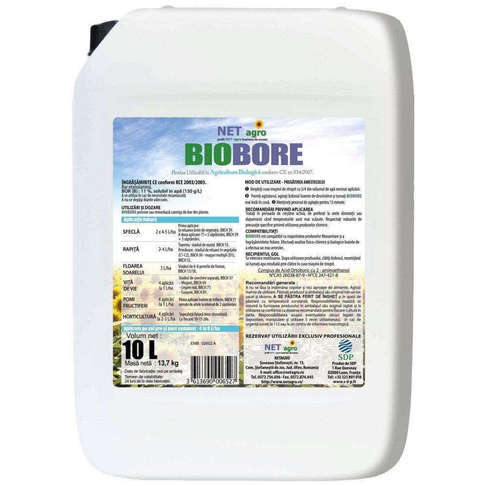 Ingrasamant foliar pe baza de etalomina de bor, Biobore, 10 l - eMAG.ro