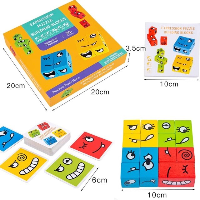 Set puzzle 12 cuburi de lemn, expresii faciale, 3 ani - eMAG.ro