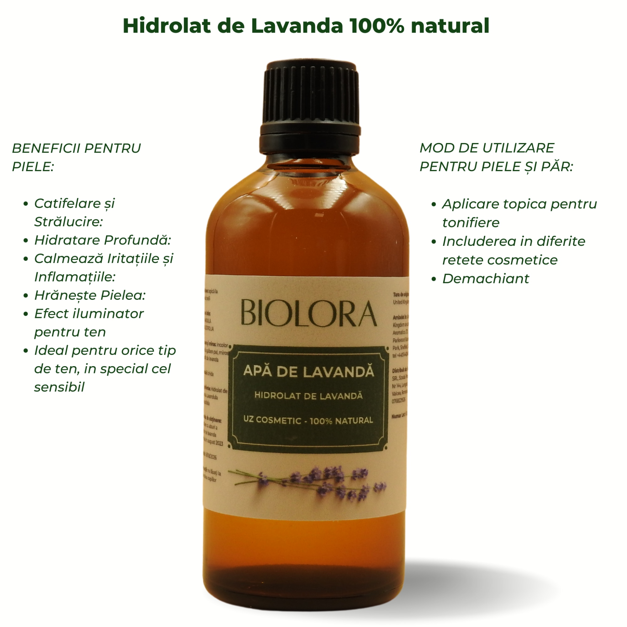 Apa/Hidrolat de Lavanda Biolora, 100% natural, uz cosmetic, pentru ...