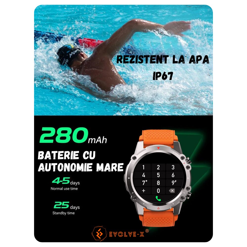 Ceas smartwatch barbati Evolve-x® EvoFitt Sport, ecran IPS 1.45 inch HD ...