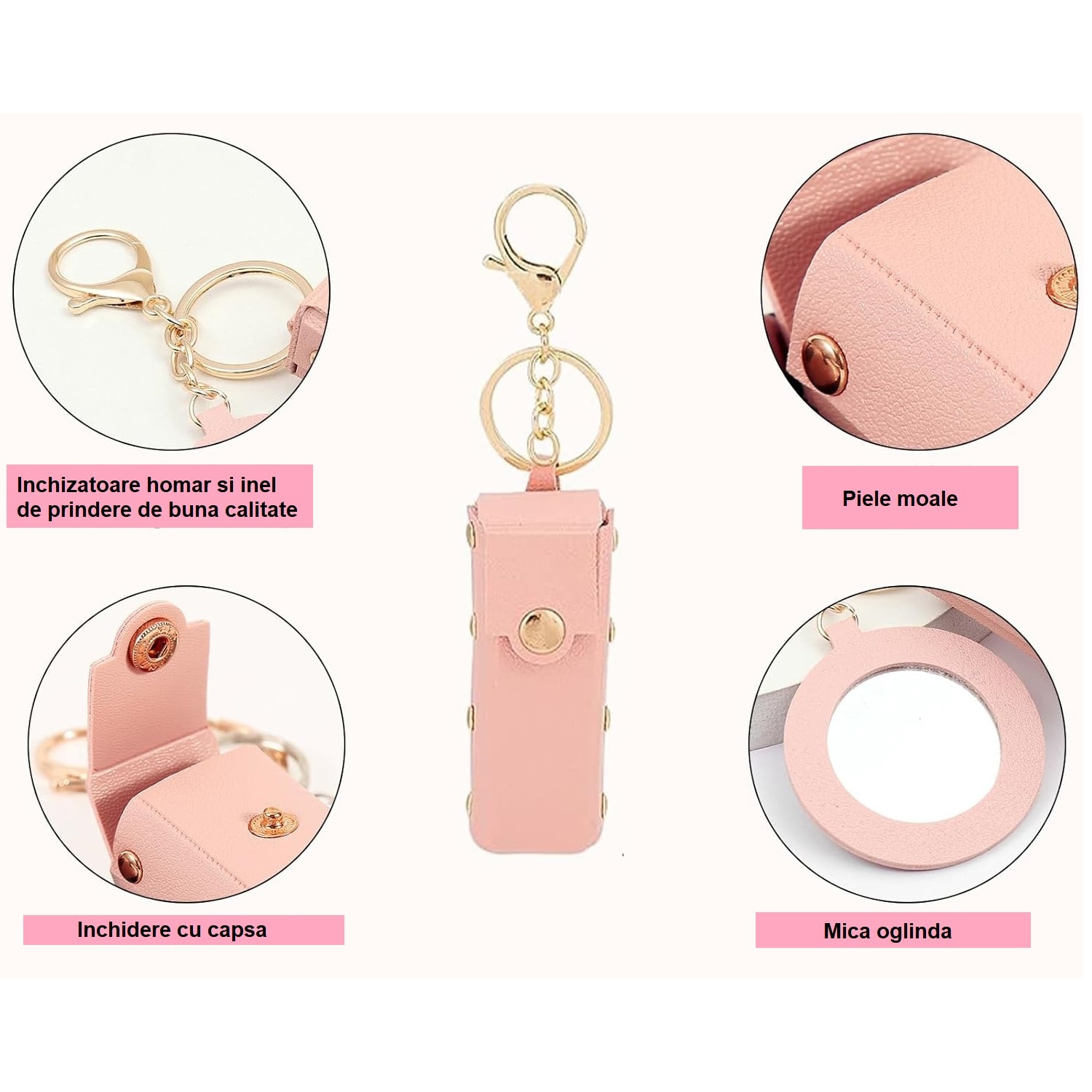 Breloc portofel pentru ruj si oglinda, pentru chei si genti, Roz - eMAG.ro