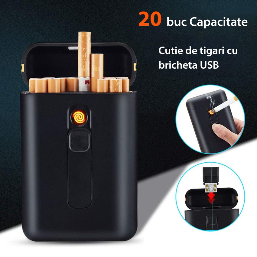Cutie tigari cu functie bricheta, Chucai, Metal, Reincarcabila USB ...