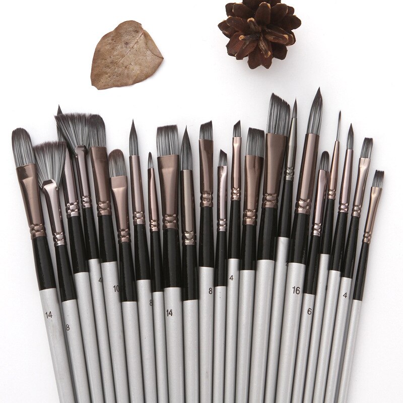 Set pensule pictura Sunmostar, nylon, maner lemn, gri, 24 bucati, husa ...