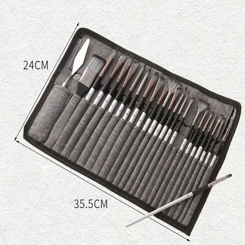 Set pensule pictura Sunmostar, nylon, maner lemn, gri, 24 bucati, husa ...