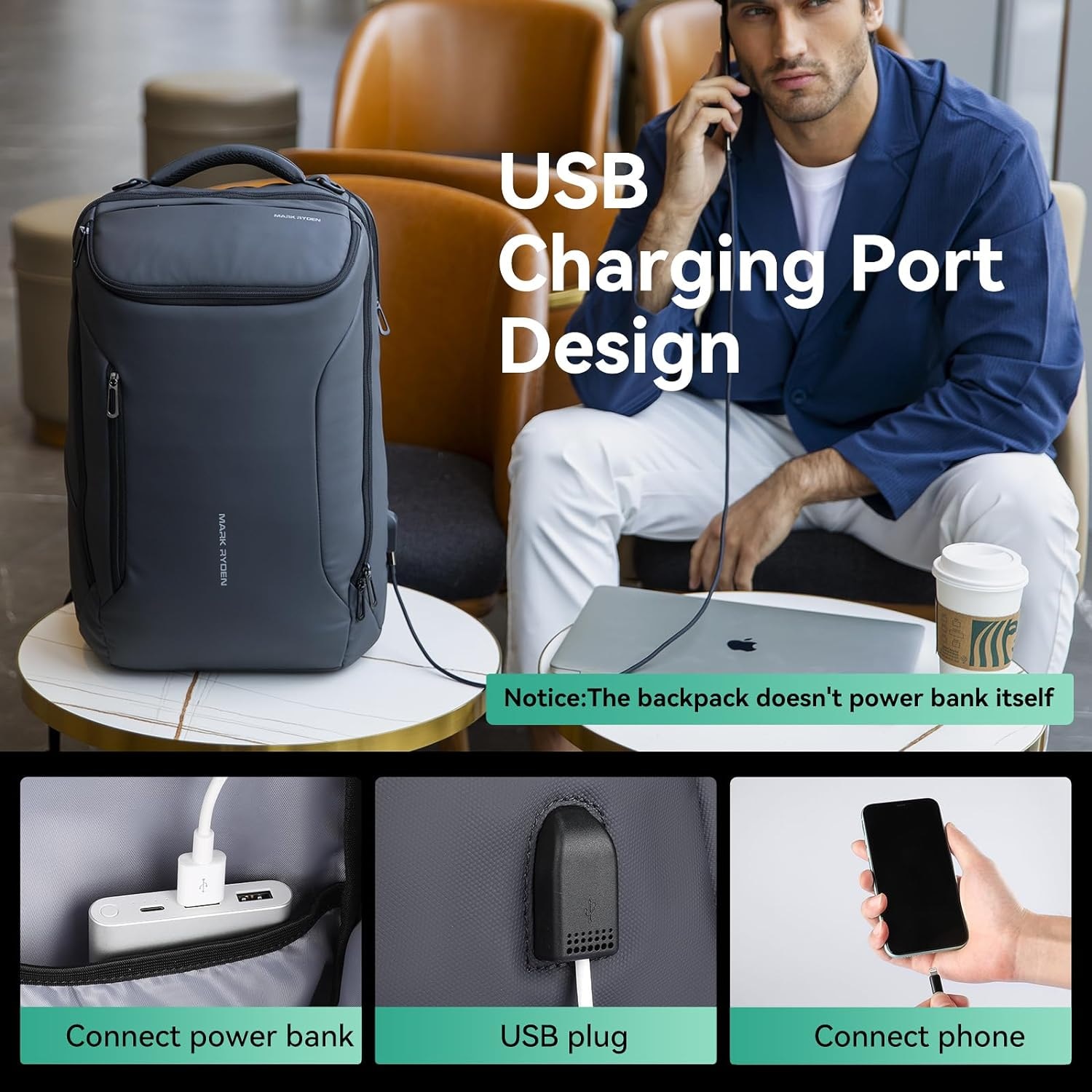 Rucsac barbati Mark Ryden Smart, Laptop de 17.3, rezist la apa, port ...