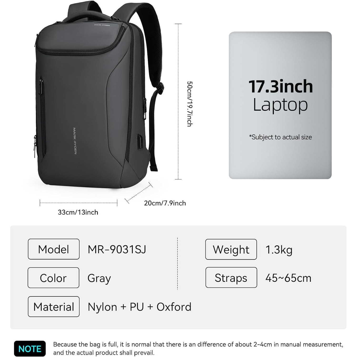 Rucsac barbati Mark Ryden Smart, Laptop de 17.3, rezist la apa, port ...