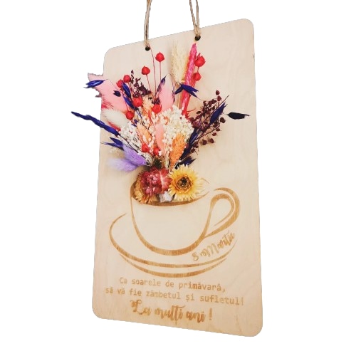 Tablou 8 Martie, Model Ceasca, Bloom Atelier, Placaj MDF si flori ...