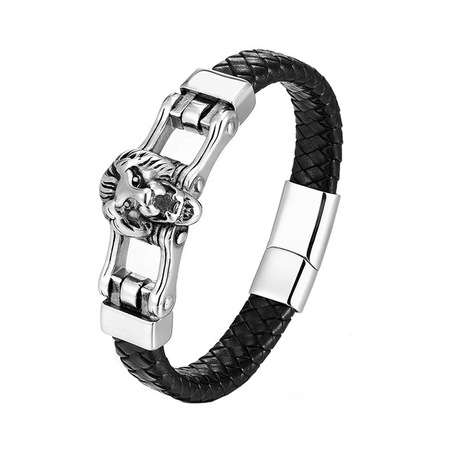 Bratara Cap de Leu, Barbati, Piele Naturala, Negru-Argintiu - eMAG.ro