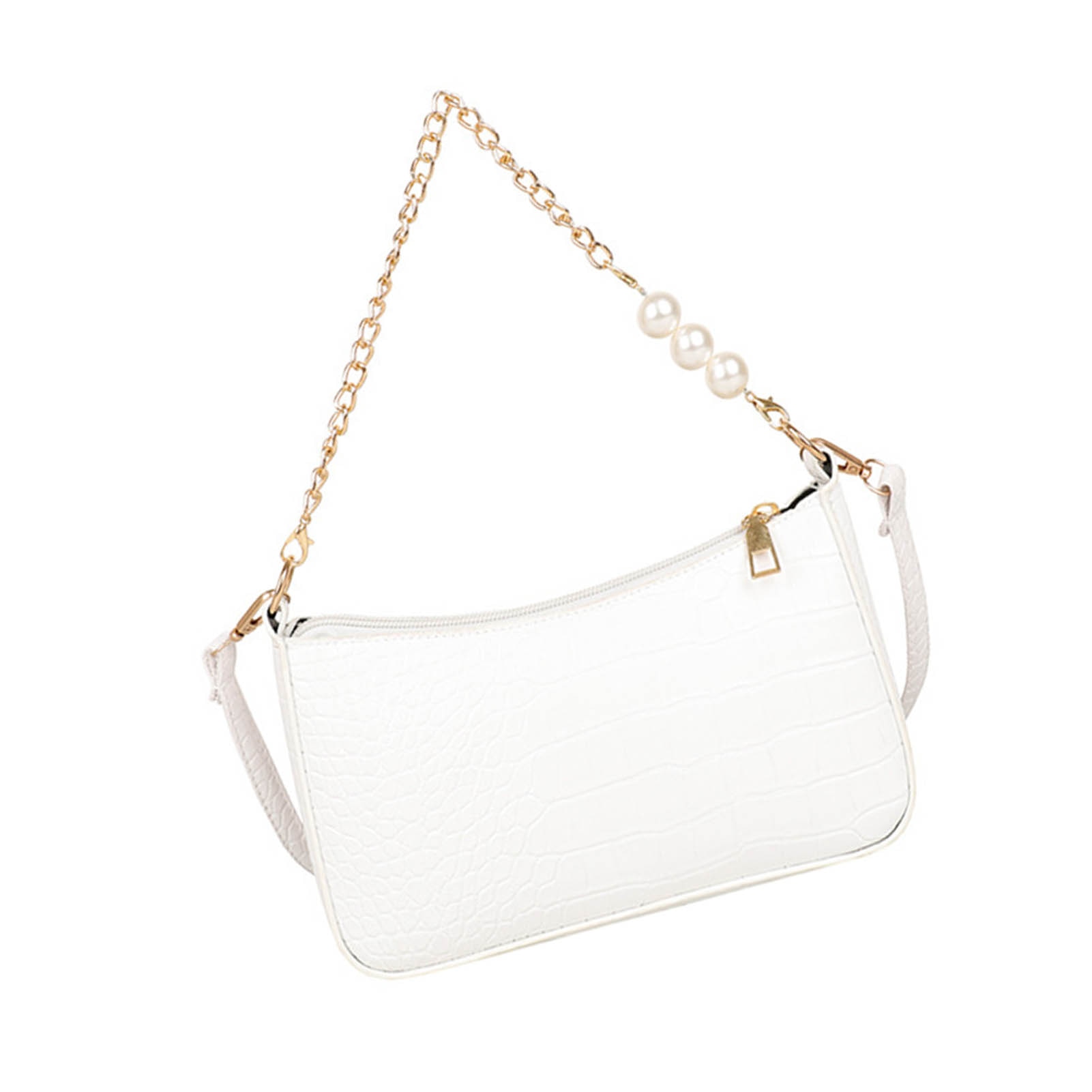 Geanta de umar vintage, piele ecologica, lant cu perle artificiale, alb ...