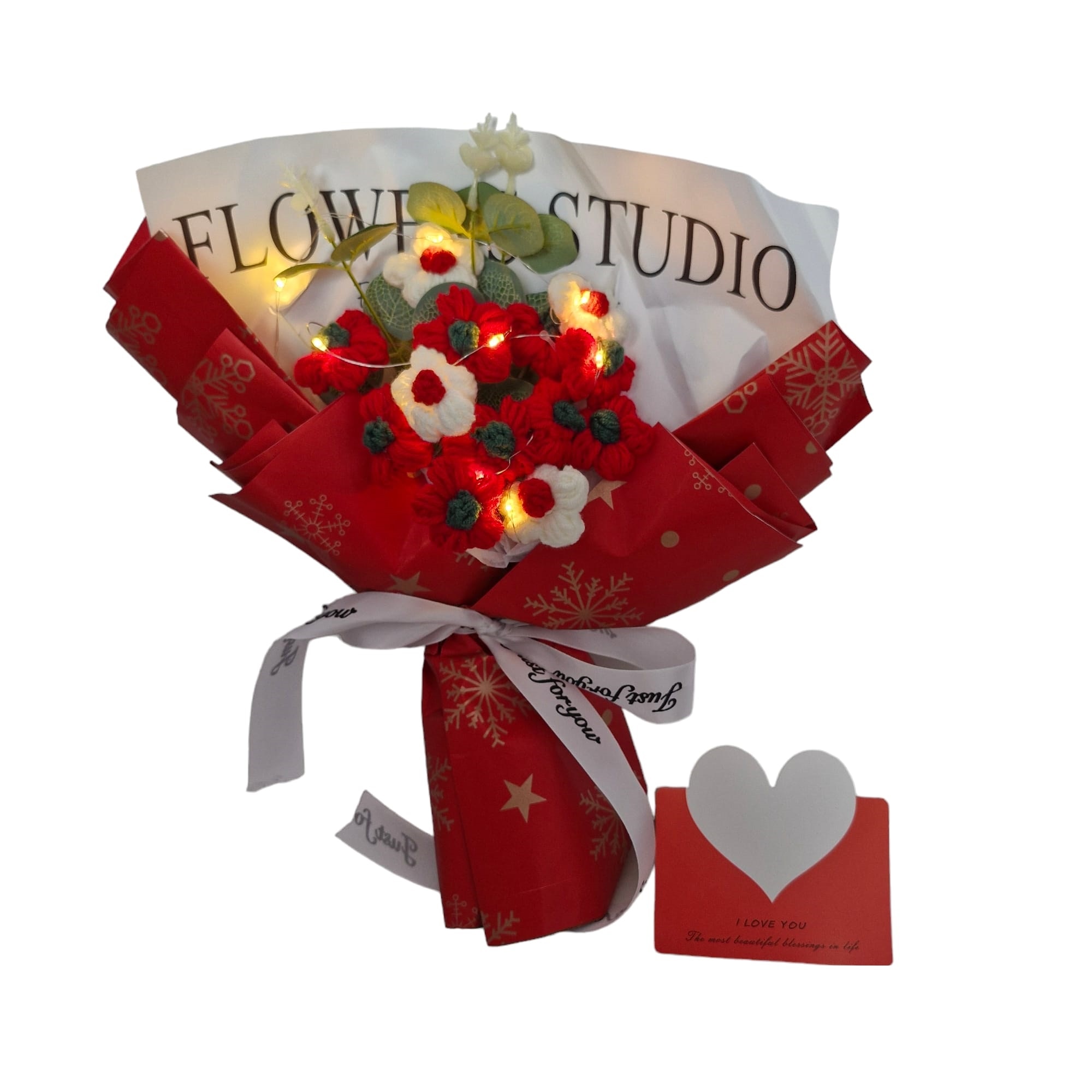 Buchet flori crosetate, rosii, impachetate, cu luminita led, felicitare ...