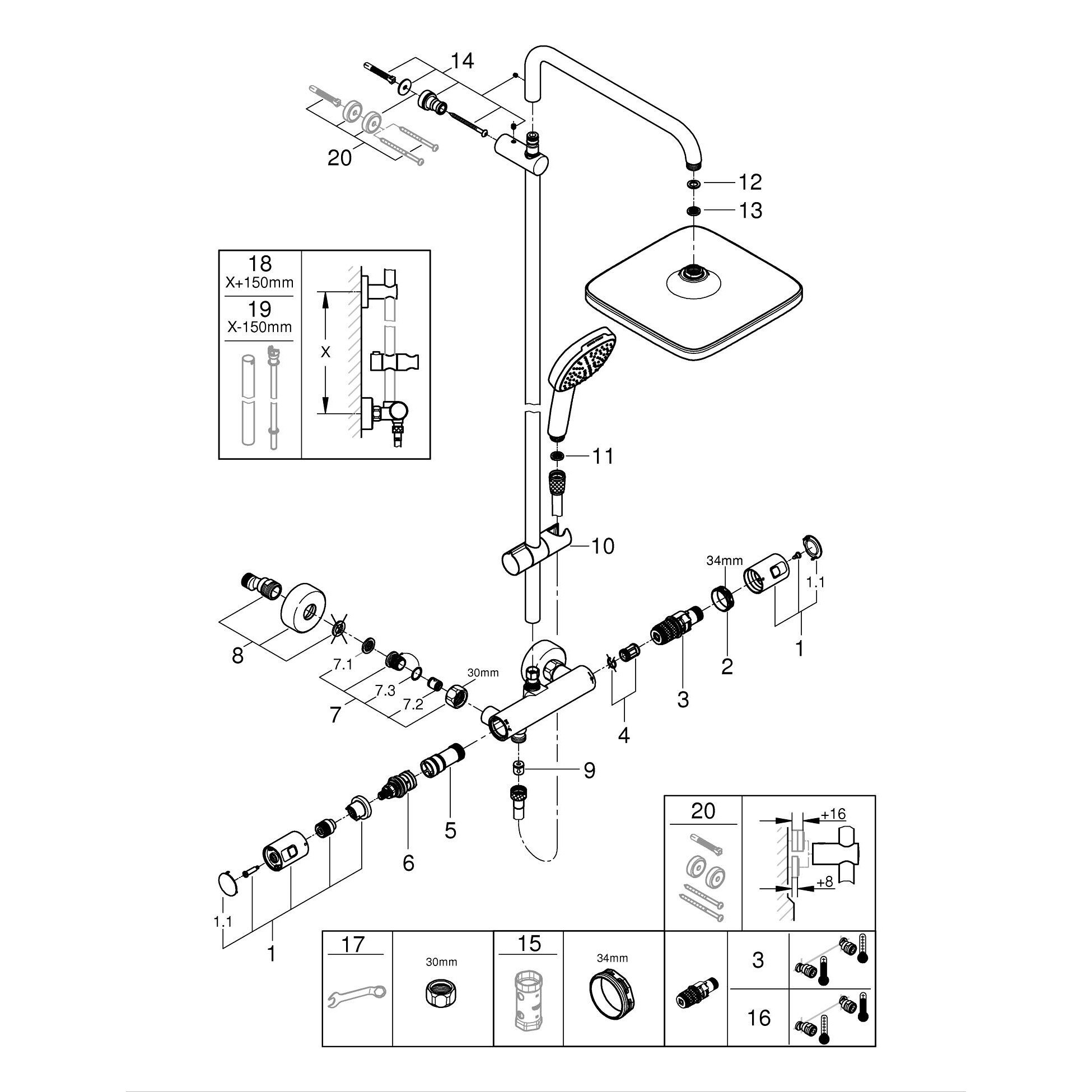 Grohe Vitalio Cube 250 душ система, видима, термостат, 250 mm, 1 ...