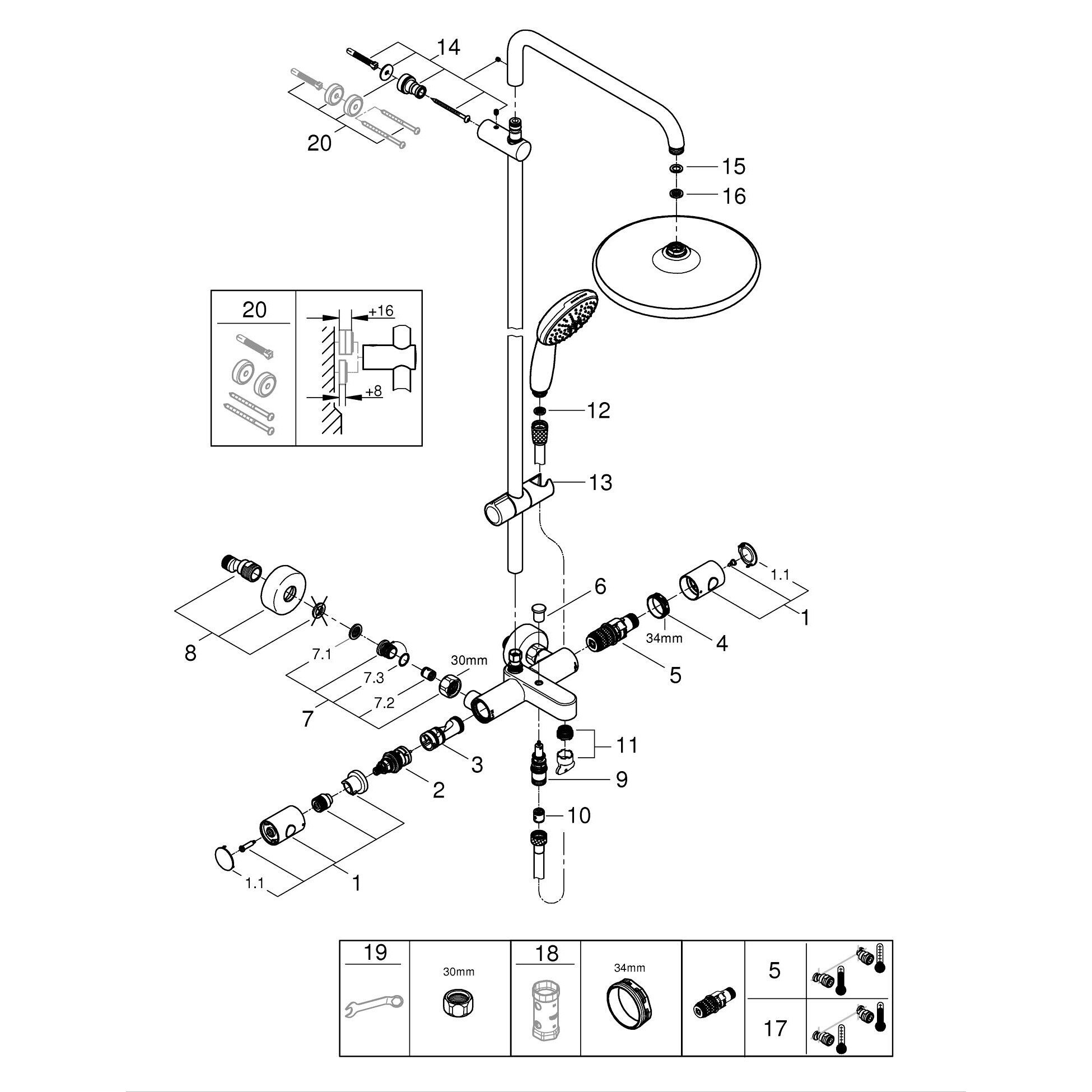 Grohe Tempesta 250 душ система, видима, смесител за вана, термостат ...