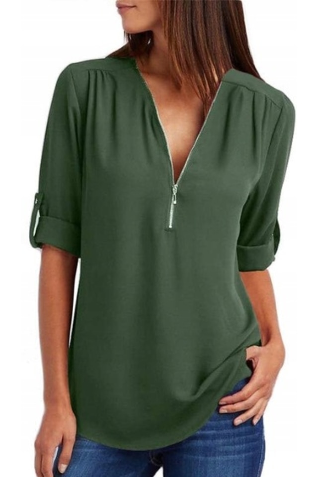 Bluza eleganta de dama din bumbac de culoare verde, cu decolteu cu ...