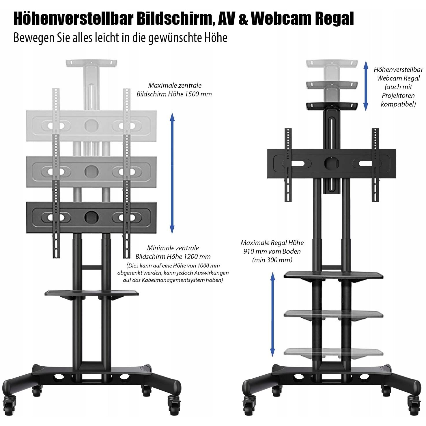 Suport TV mobil, Reglabil, cu roti si polita, pentru ecrane 32-65 inch ...