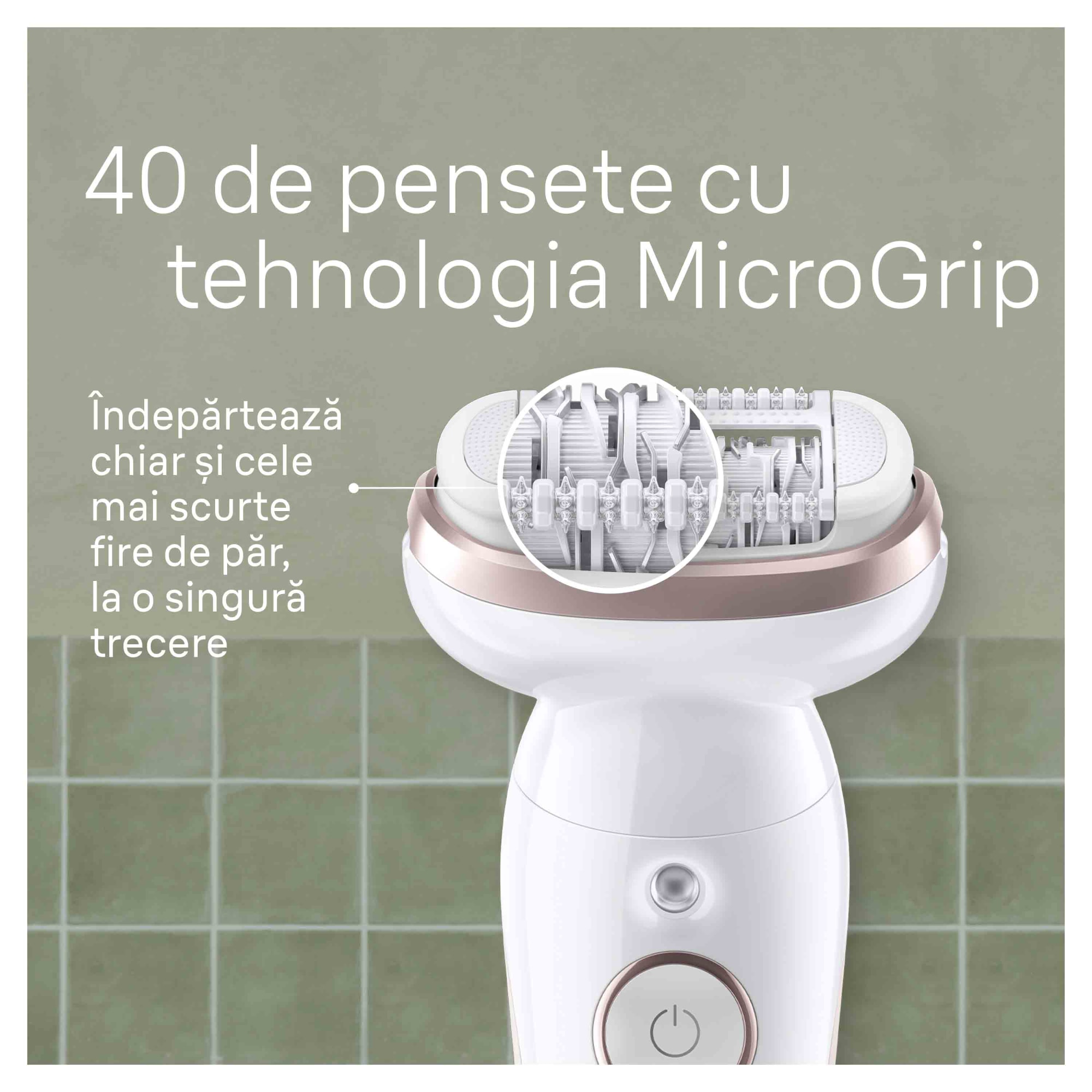 Epilator Braun Silk-épil 9 9-000 Wet & Dry, MicroGrip, Smart Light, 2 viteze, 40 pensete, Geanta ...