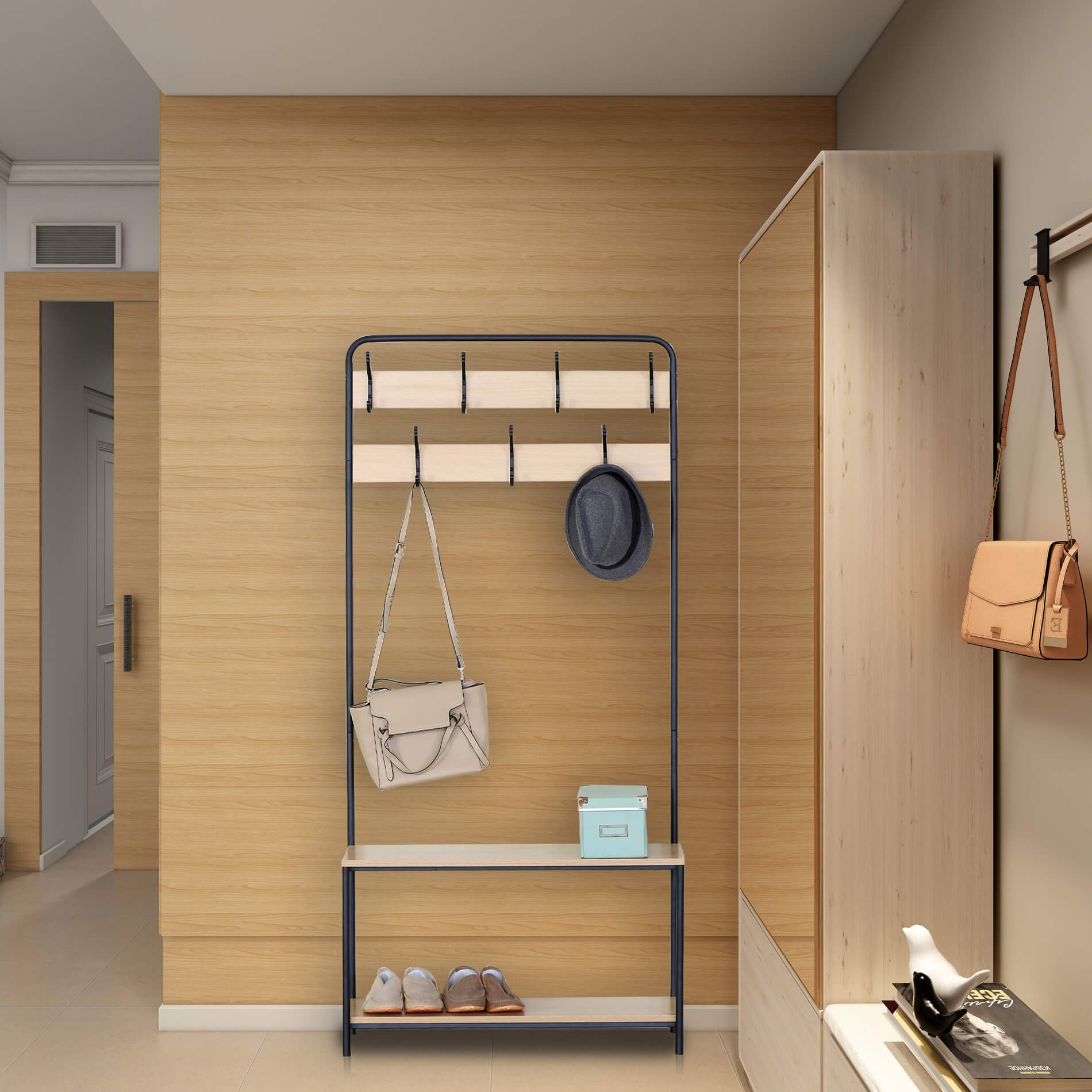 Cuier cu rafturi, Rebecca Mobili, Lemn/Metal, 170x80x30cm, Maro/Negru ...