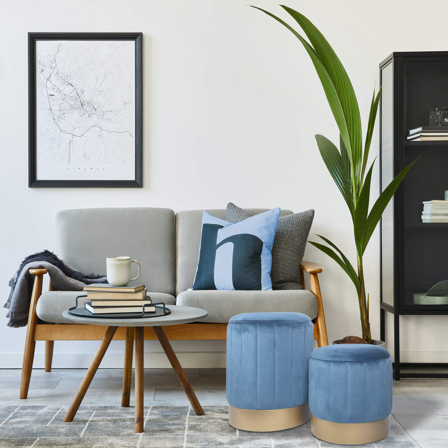 Set 2 tabureti, Rebecca Mobili, MDF/Catifea, 44 x 35 x 35 cm, Albastru ...