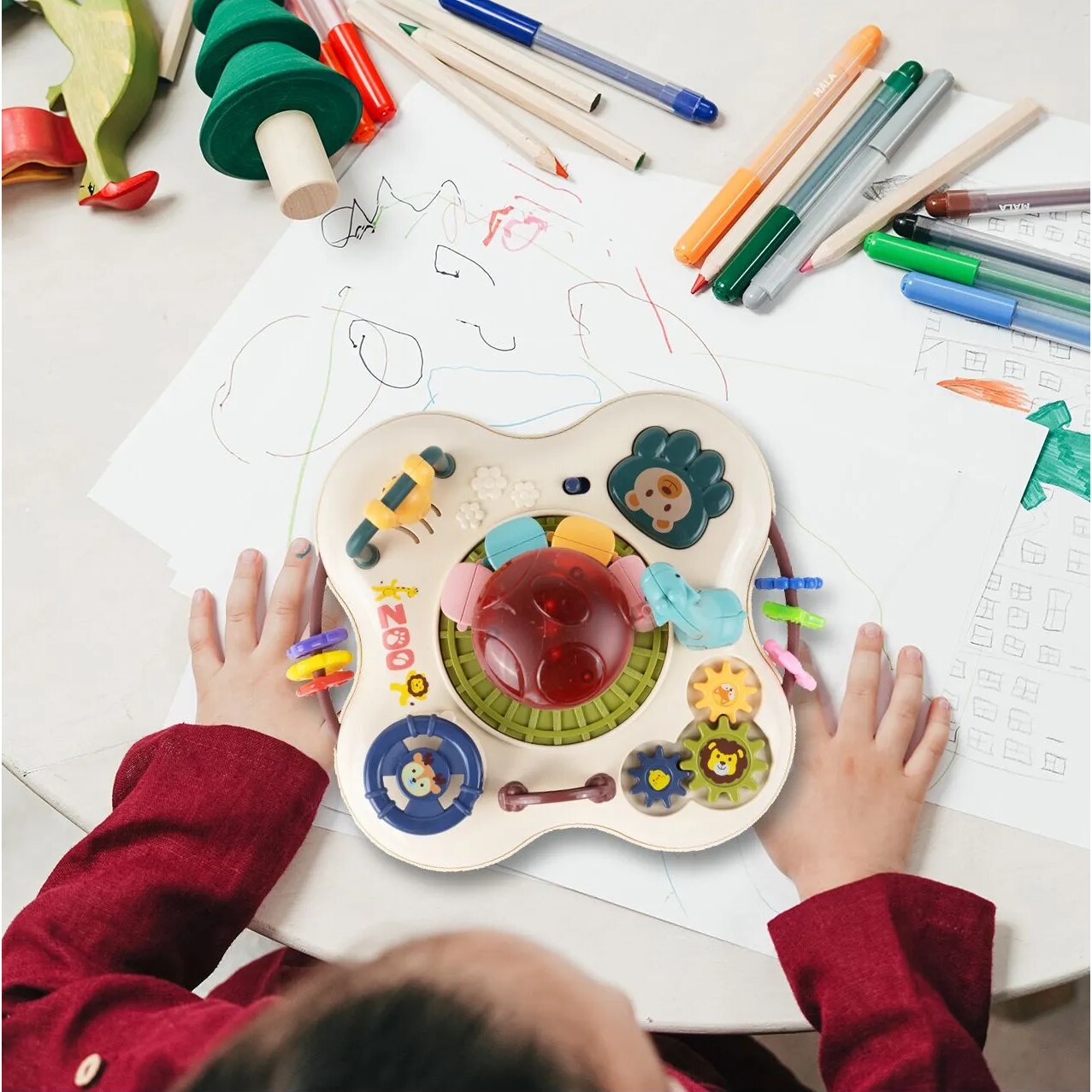 Masuta Educativa pentru Bebelusi 2in1 Happy Zoo idealSTORE, Include un Trenulet cu Vagoane ...