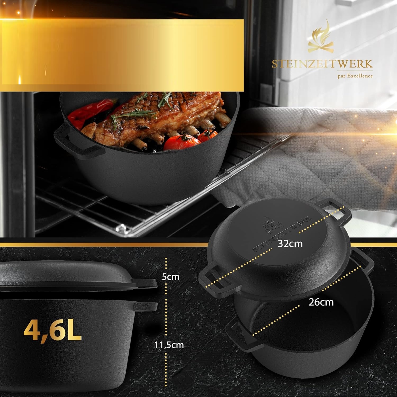 Oala cu capac Steinzeitwerk din fonta, 4.6 l, 2in1, pentru cuptor ...