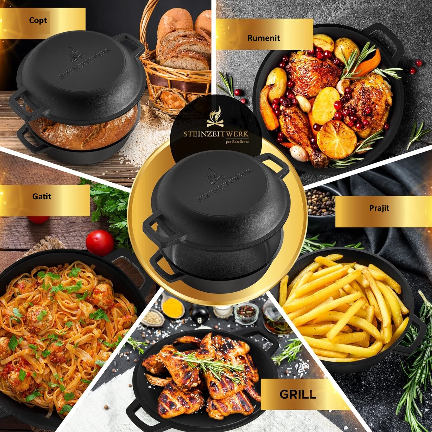 Oala cu capac Steinzeitwerk din fonta, 4.6 l, 2in1, pentru cuptor ...