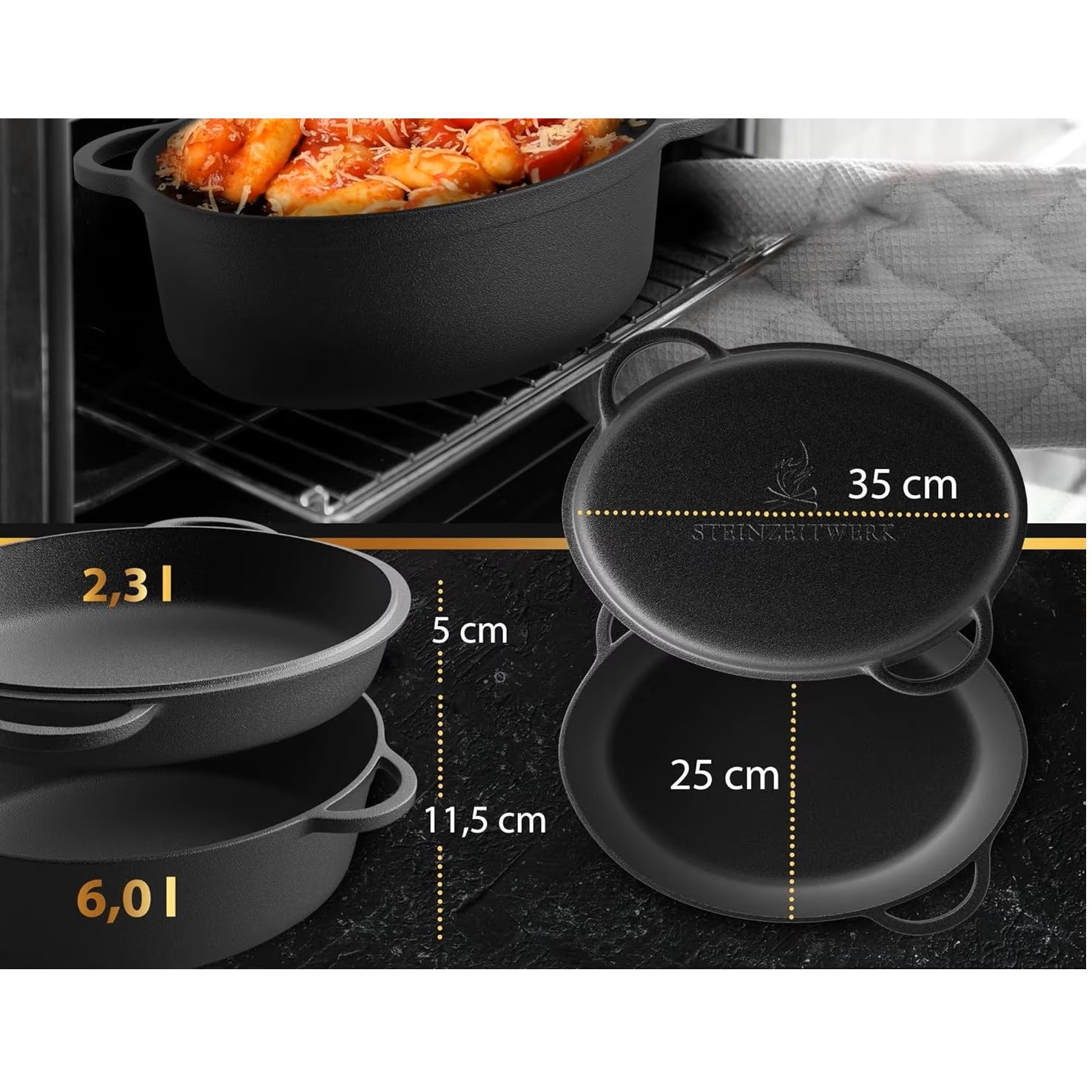 Oala cu capac Steinzeitwerk din fonta emailata, 6 l, 2in1, pentru ...