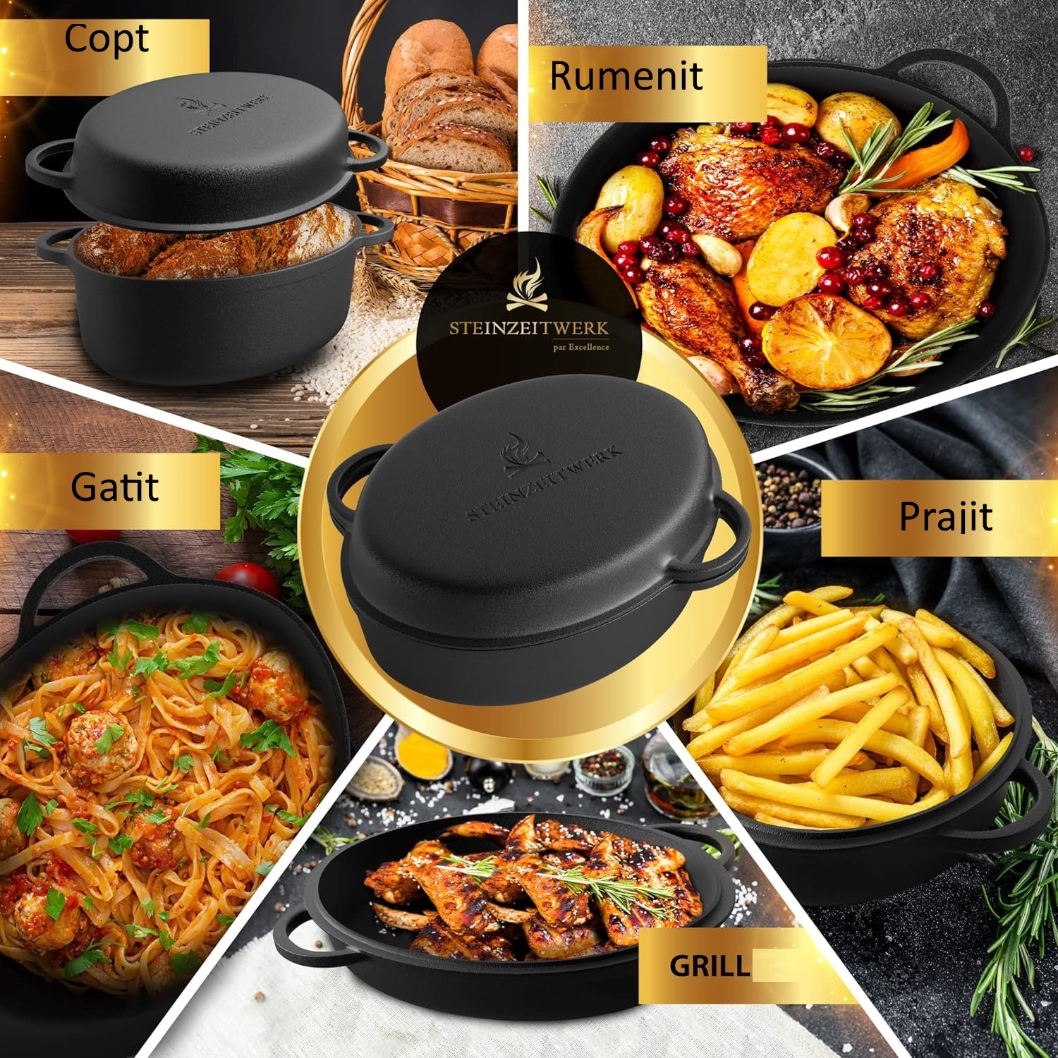 Oala cu capac Steinzeitwerk din fonta, 6 l, 2in1, pentru cuptor, plita ...