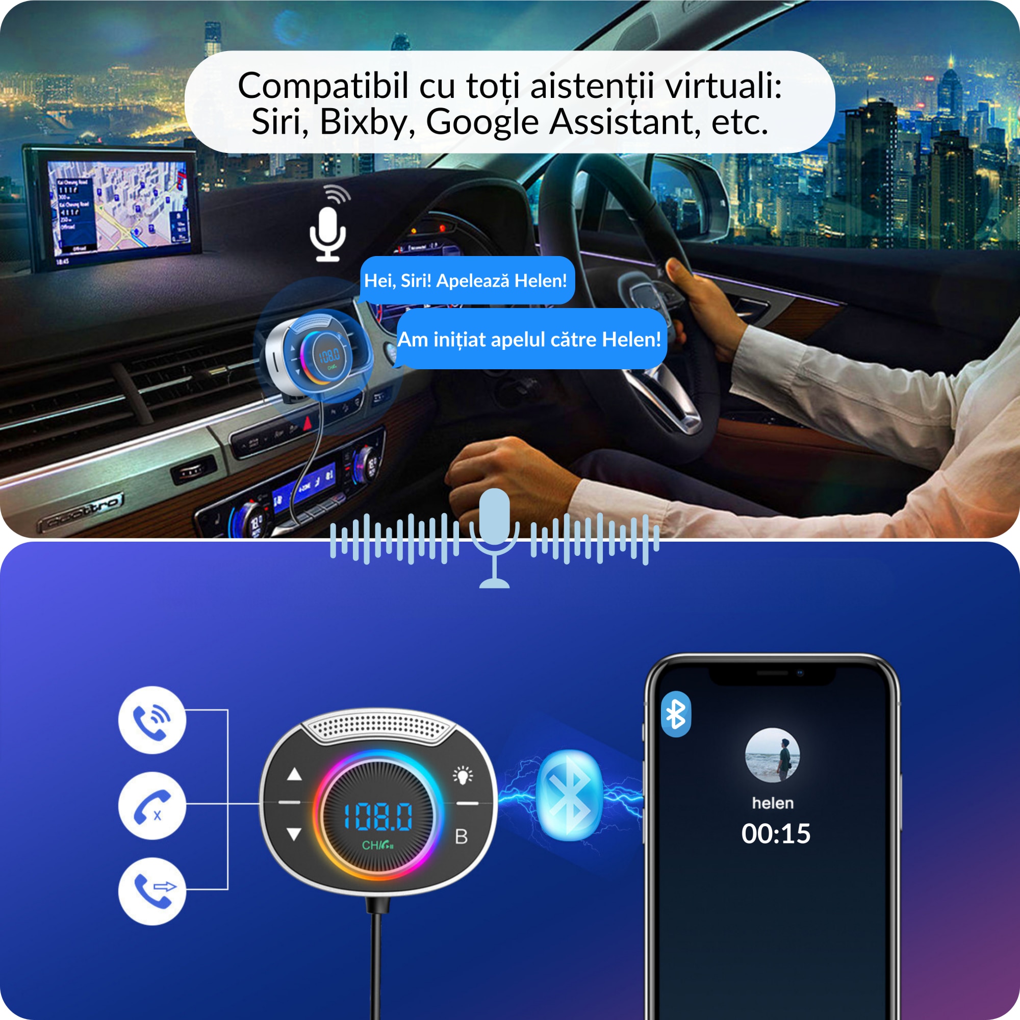 Modulator FM Zimmo®, Bluetooth 5.3, Transmitator FM Radio, Hands-Free ...