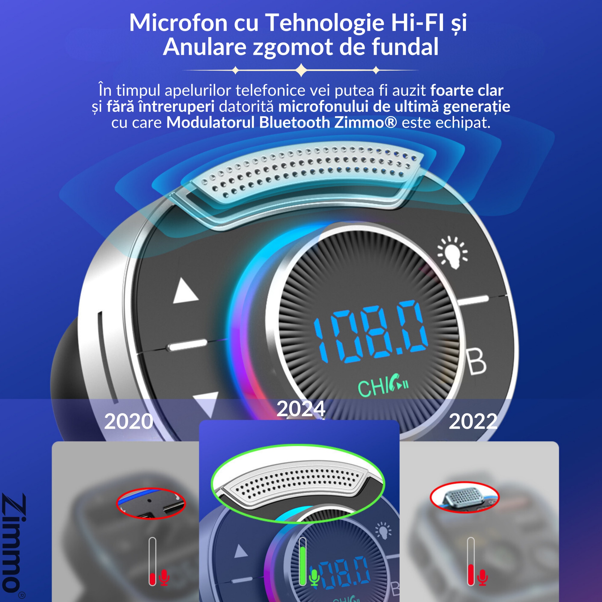 Modulator FM Zimmo®, Bluetooth 5.3, Transmitator FM Radio, Hands-Free ...