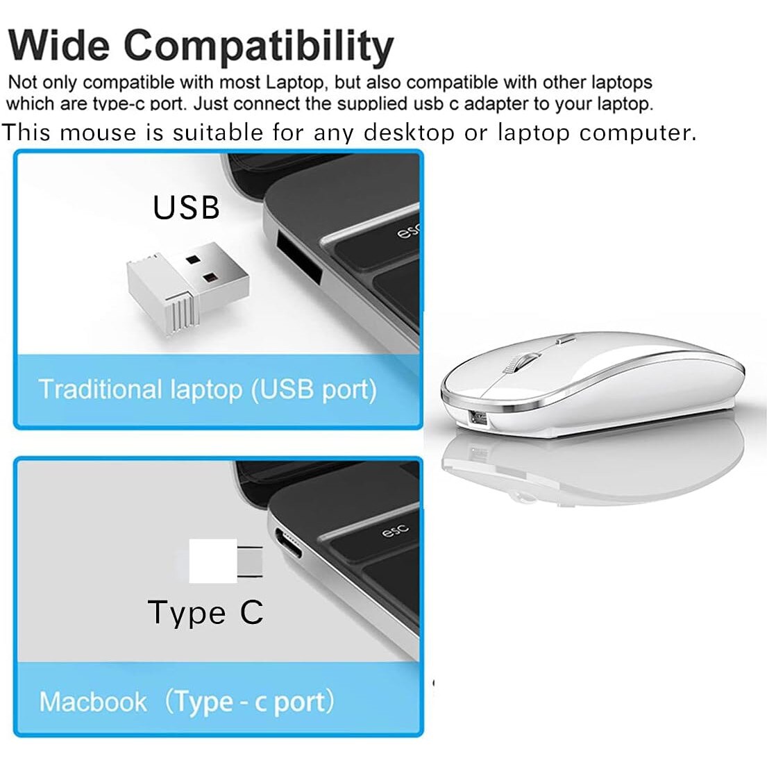 Mouse Wireless ABL-M3, 1600 dpi, 4 butoane, receptori USB-A si USB-C, Alb - eMAG.ro