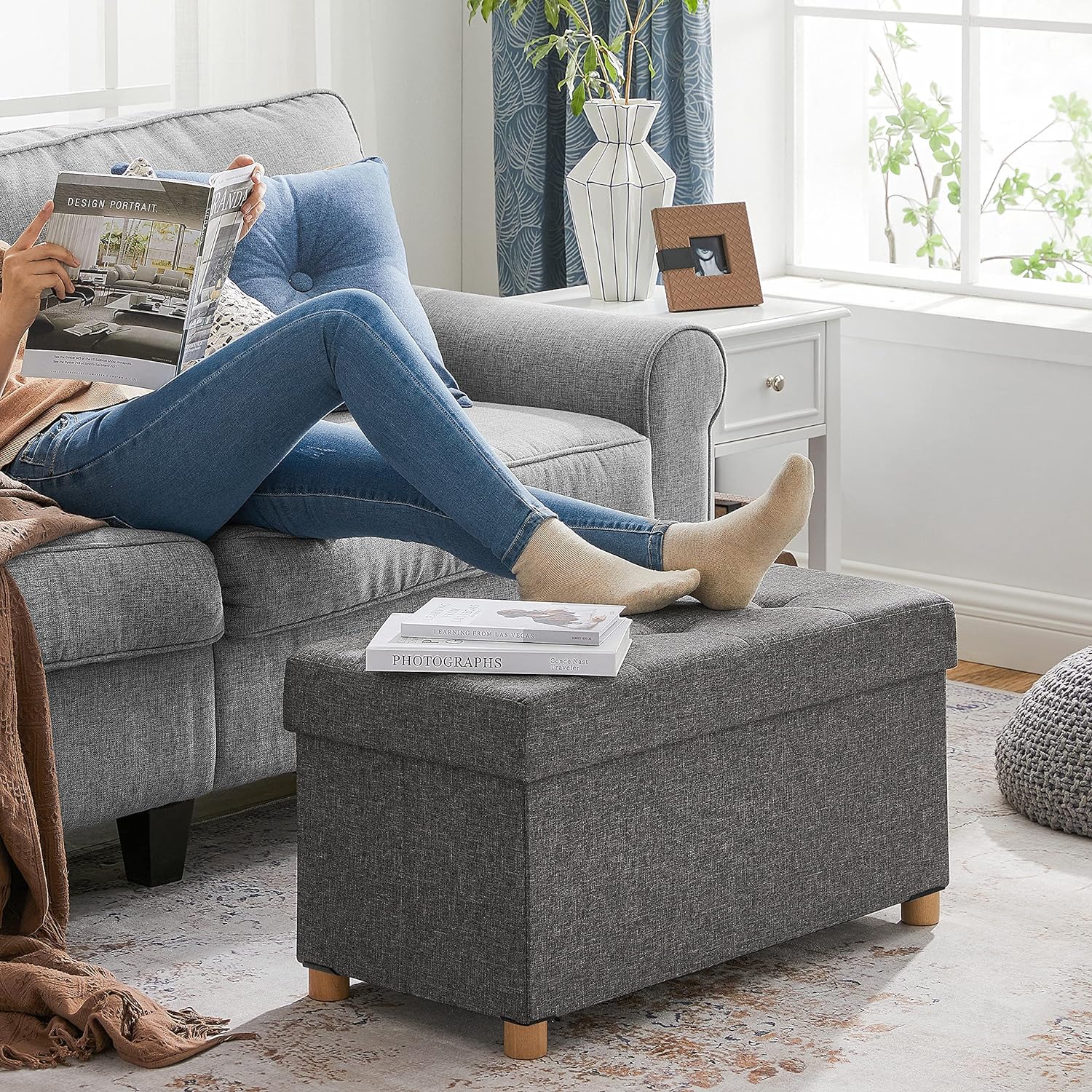 Taburet pliabil cu sezut moale SONGMICS, spatiu de depozitare, maxim ...