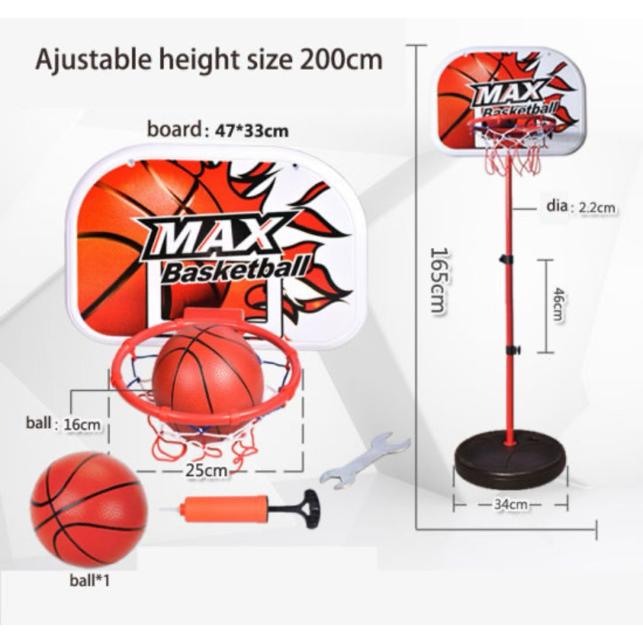 Cos de baschet cu stativ portabil, minge, pompa si plasa pentru cos ...