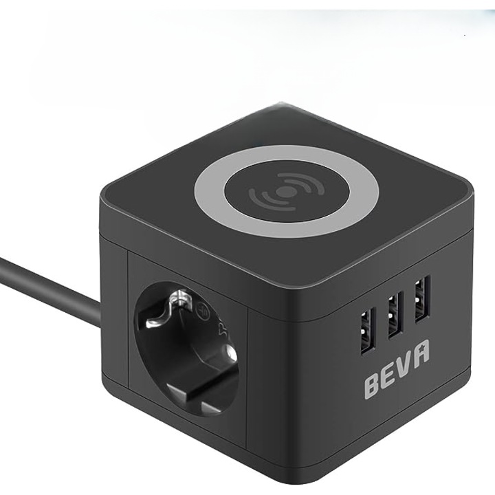 Priza BEVA cu 2 compartimente si 3 USB, functie de incarcare wireless, contact de protectie ...