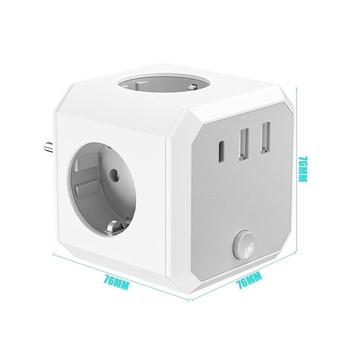 Priza multifunctionala cub, USB, 250V, CC5V/3.4A, Fara cablu, Alb/Gri ...