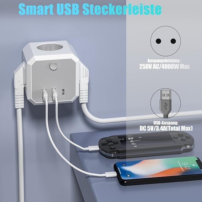 Priza multifunctionala cub, USB, 250V, CC5V/3.4A, Fara cablu, Alb/Gri ...