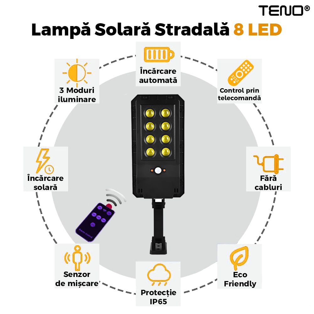 Lampa Solara Stradala 8 LED-uri Teno®, tip bec, control prin ...