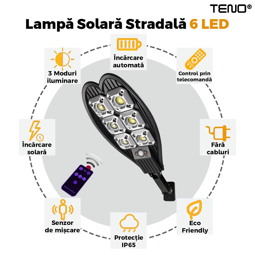 Lampa Solara Stradala 6 LED-uri Teno®, tip bec, rotunda, control prin ...