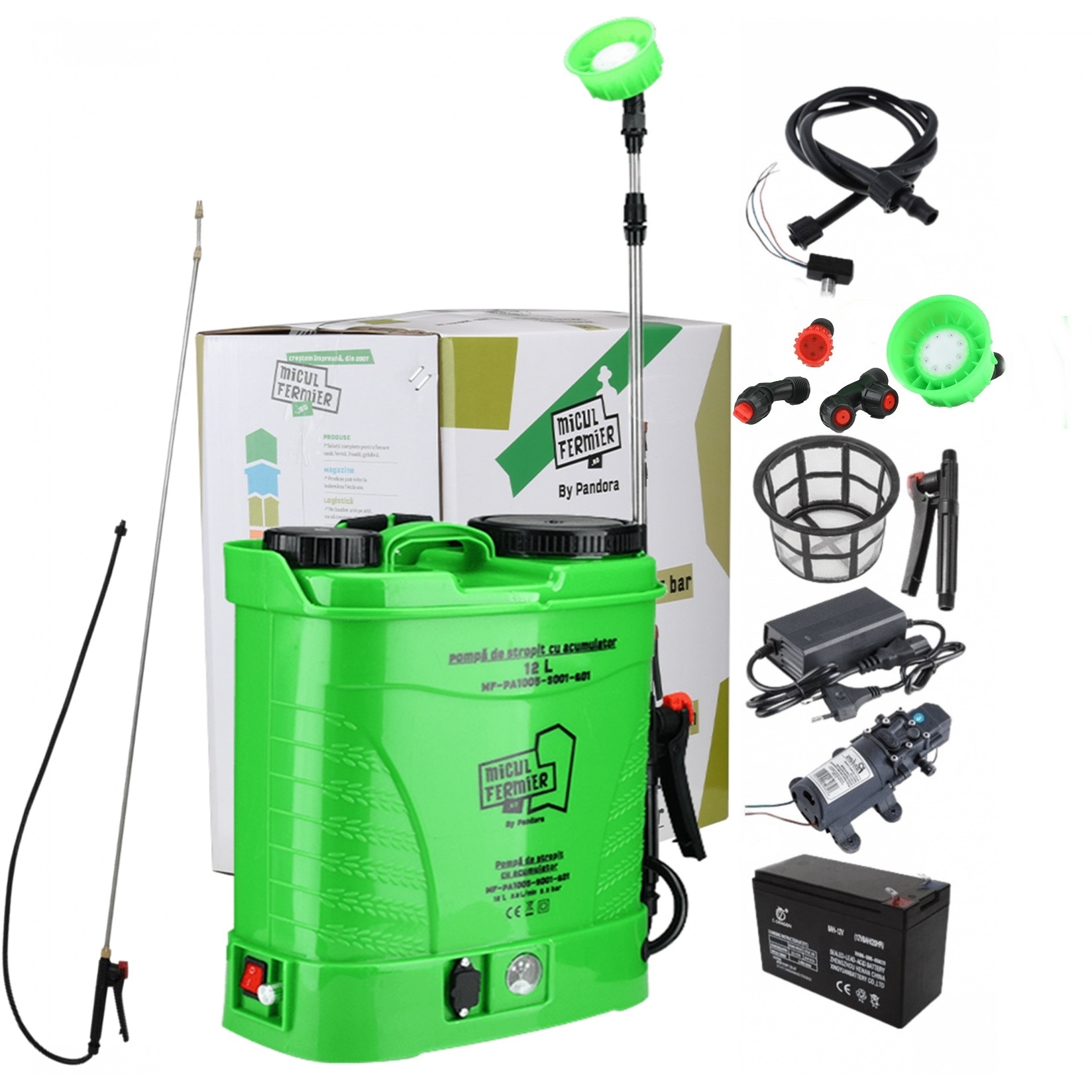 Pompa de stropit cu acumulator 12 L, 12 V, 5.5 bar, lance 2.8m, complet ...