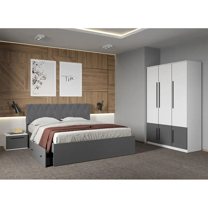 Set dormitor, Alb cu Gri fara Comoda, Sidney, C02, Pat 160x200, Dulap ...