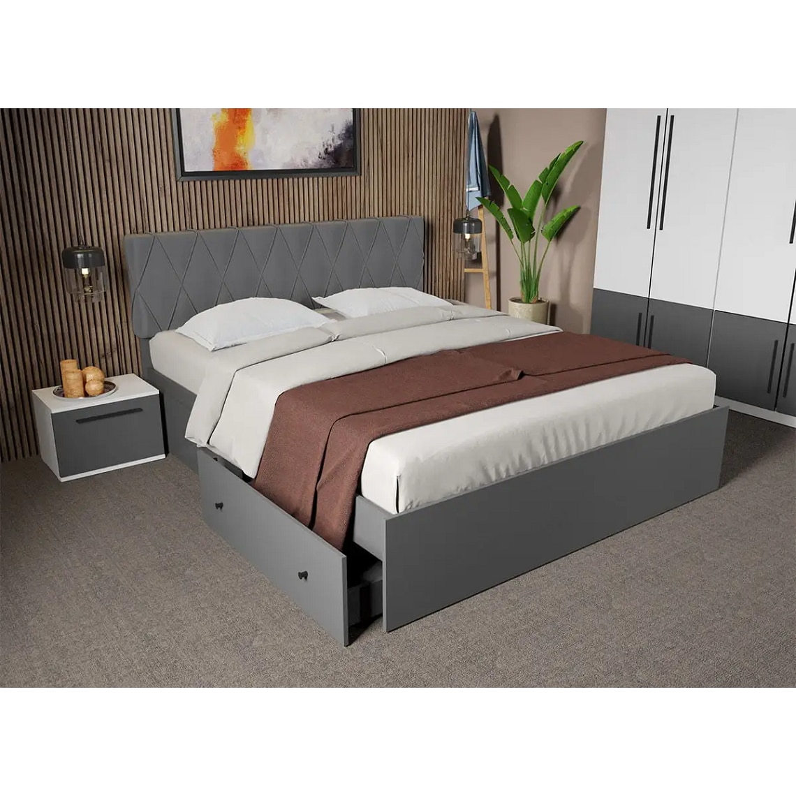 Set dormitor complet, Alb cu Gri Antracit, Sidney, C17, Pat 160x200 ...