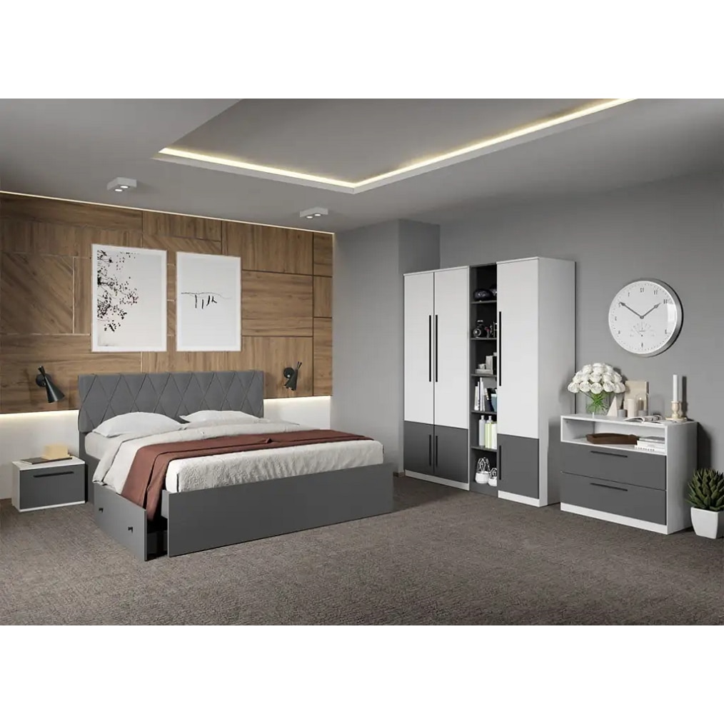 Set dormitor complet, Alb cu Gri, Sidney. C03, Pat 160x200, Dulap ...