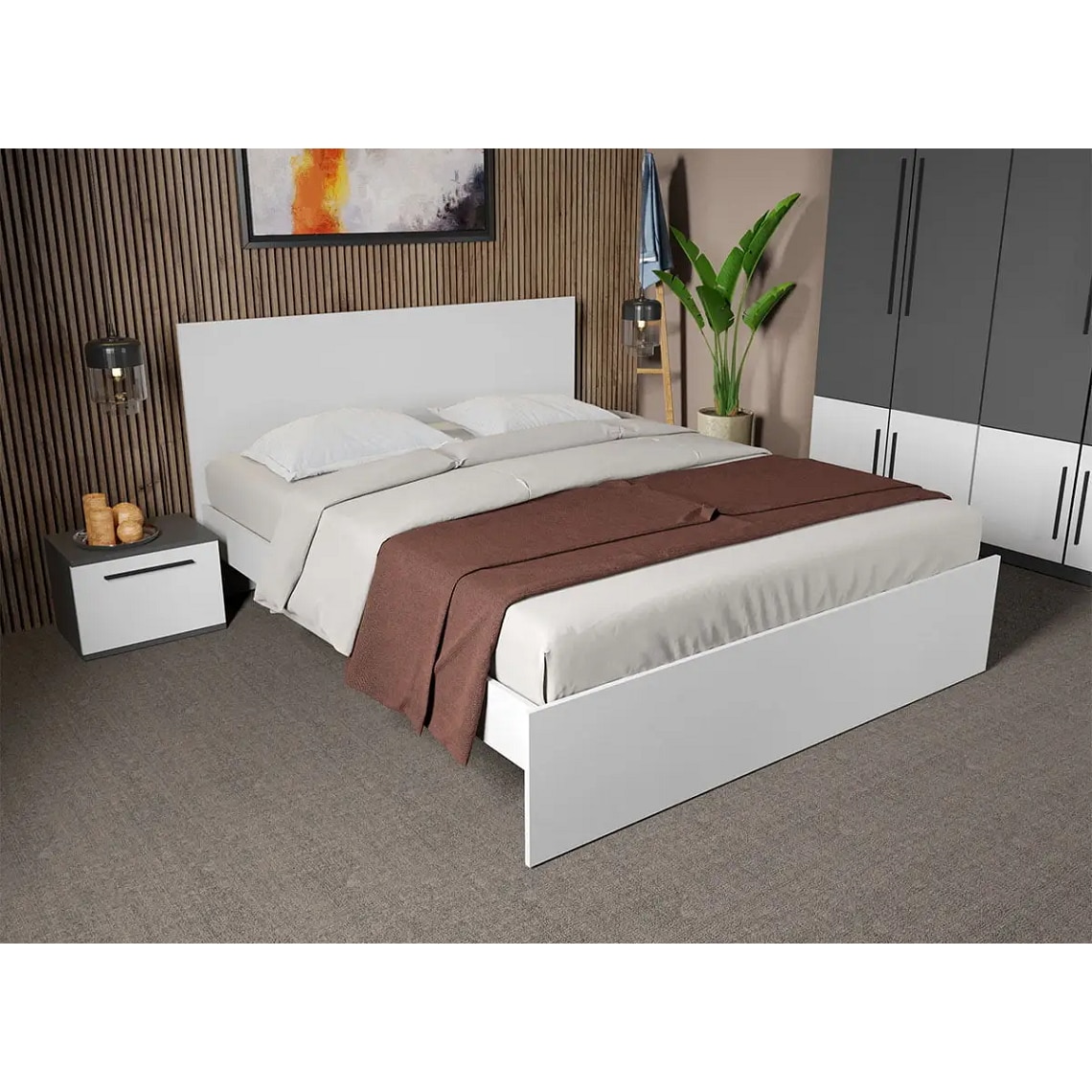 Set dormitor complet, Gri cu Alb, Sidney, C11, Pat 160x200, Dulap ...