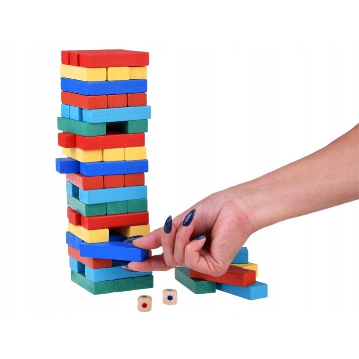 Set educativ de construit, 54 cuburi din lemn, 2 zaruri, Turn de ...