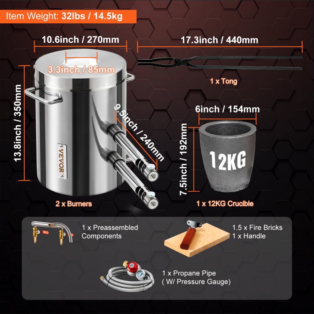 Set Cuptor pentru Topire Metale, Capacitate 12 Kg, Dublu Arzator ...