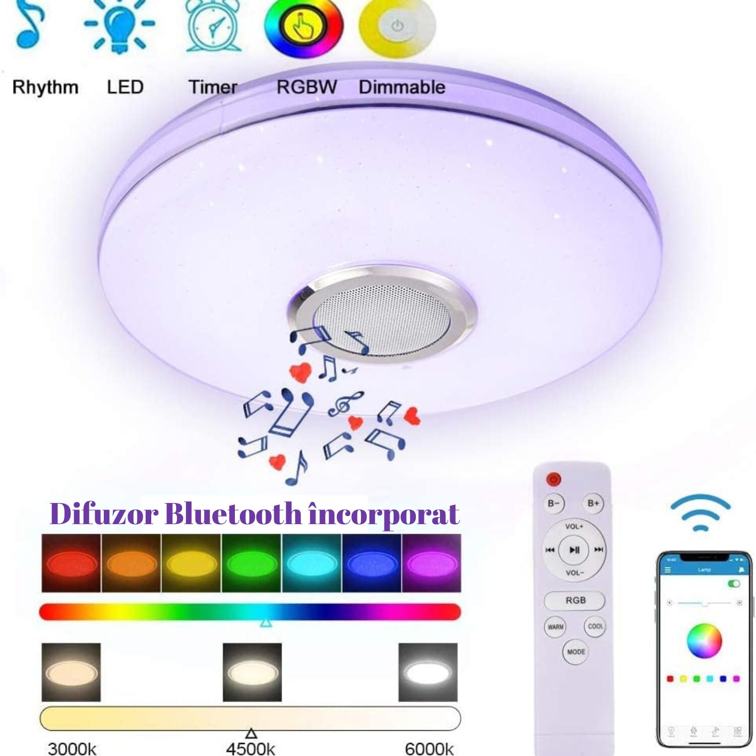 Plafoniera Led Smart, RGB, Difozor de Muzica Incorporat, Lampa ...