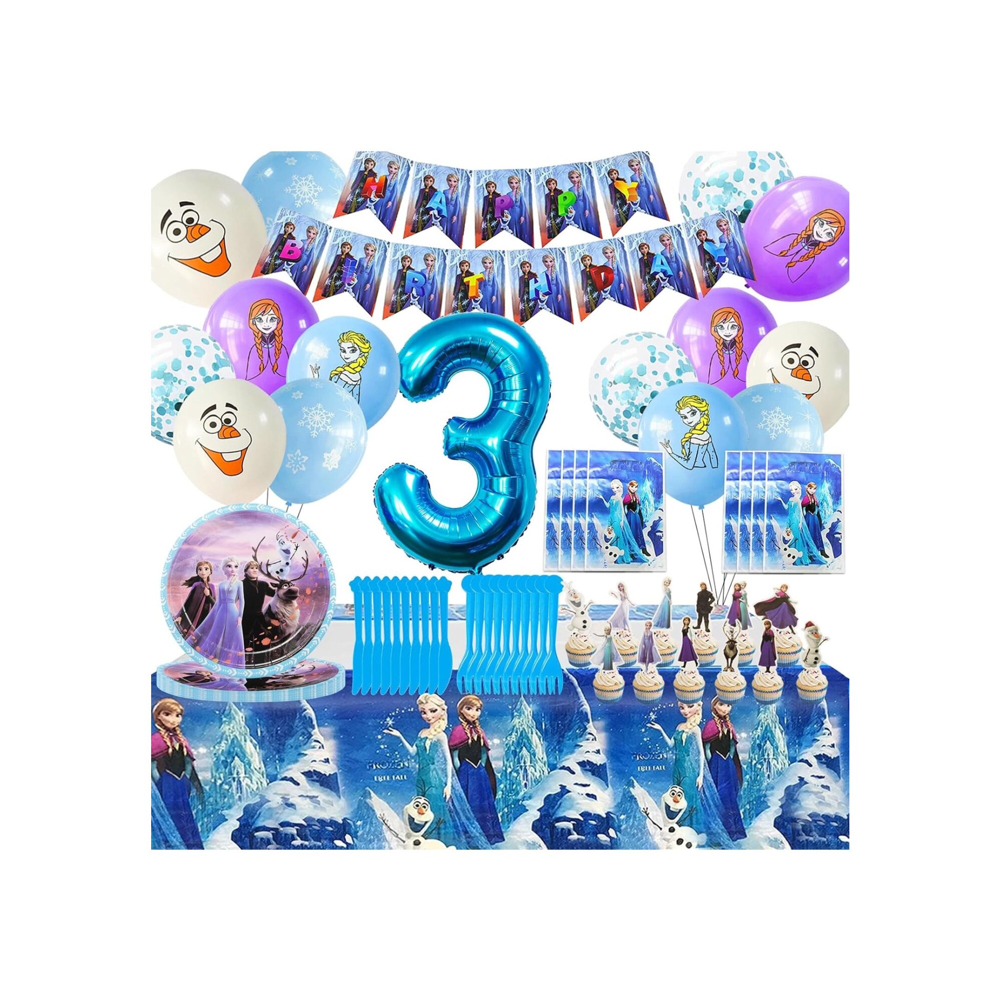 Set 82 decoratiuni petrecere Frozen, 3 ani, include 10 farfurii, 10 ...