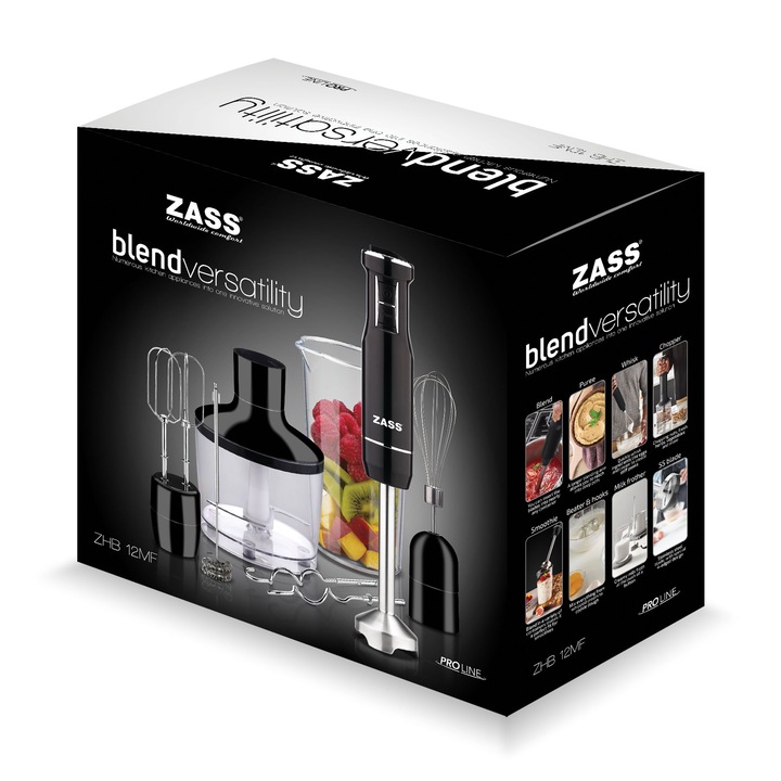 Set blender multifunctional ZASS ZHB 12 MF, 1000W, cu tija lunga detasabila din inox, 2 optiuni ...