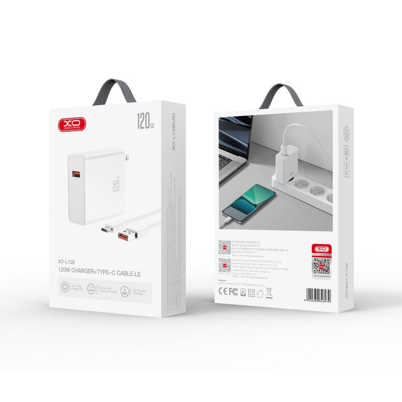 Зарядно устройство 220V XO 120W + кабел USB-A + Type-C, 6A, L128, бял ...