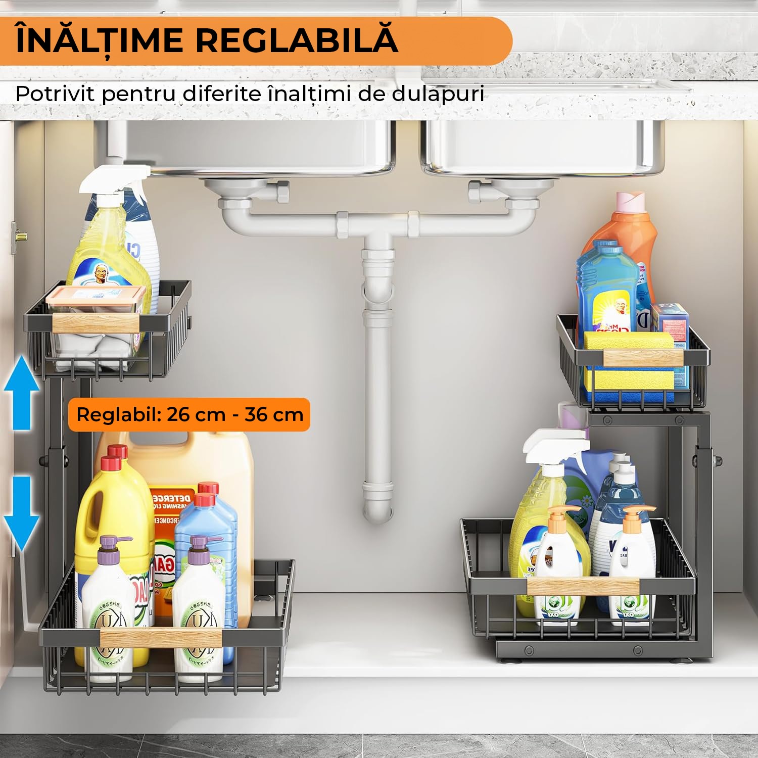 Organizator pentru dulap sub chiuveta, 2 nivele, pentru bucatarie, baie ...